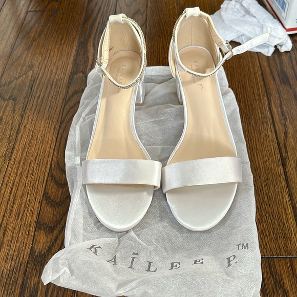 Shoes | Kailee P White Satin Block Heel With Mini Rhinestones ...